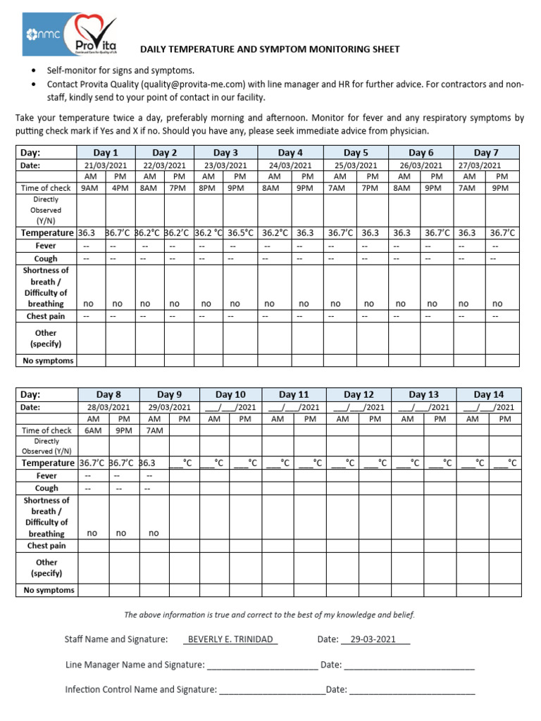 Daily Temperature and Symptom Monitoring Sheet Beverly Trinidad | PDF ...