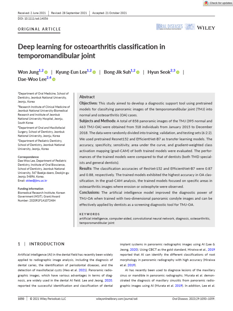 Oral_Diseases_2021_Jung_Deep_learning_for_osteoarthritis_classification | PDF | Sensitivity And ...