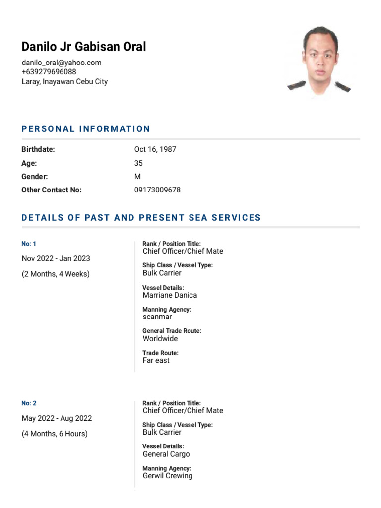 Danilo Gabisan: Chief Officer Profile | PDF | Ships | Shipping