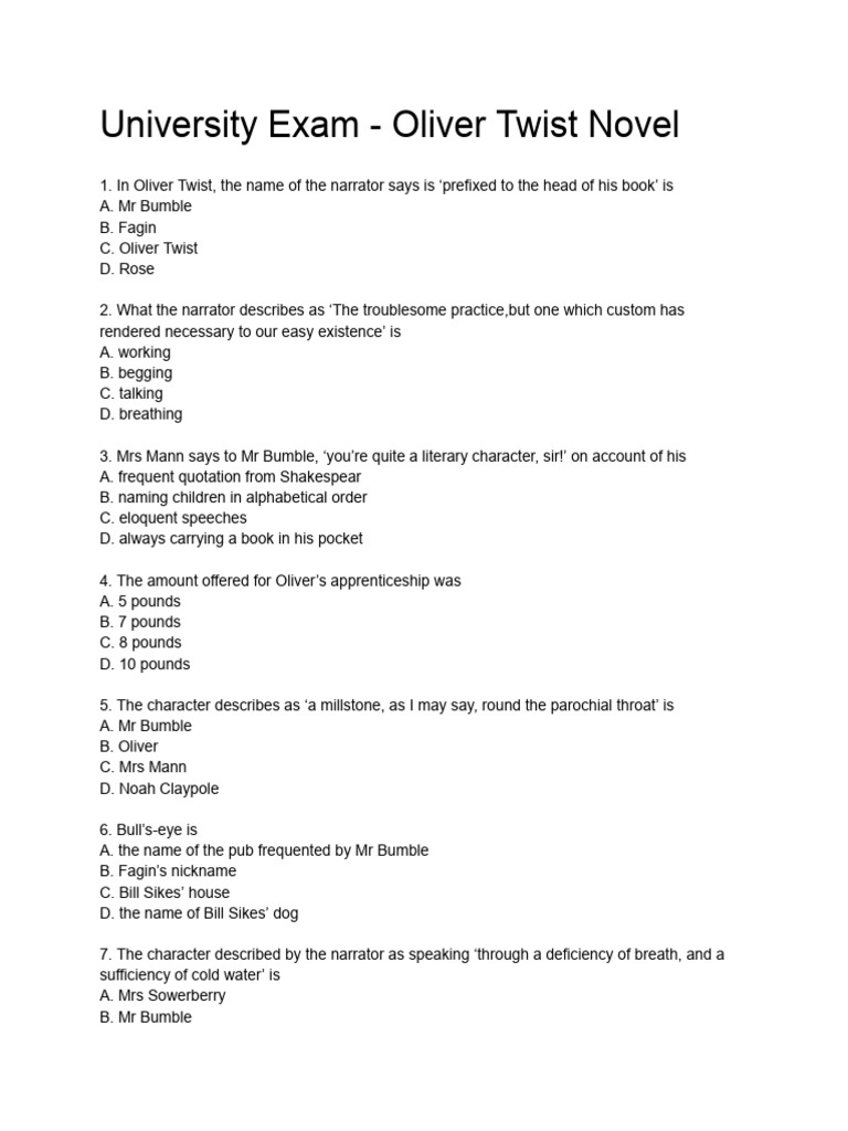 Oliver Twist Exam Questions and Answers | PDF | Oliver Twist | Fagin