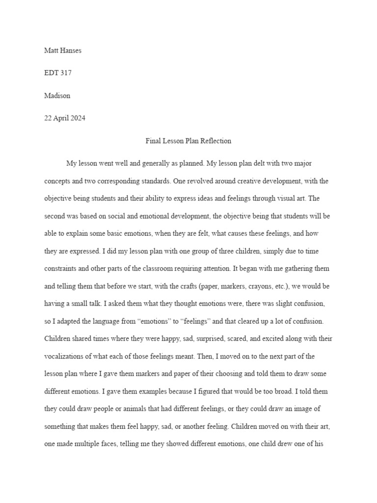 Final Lesson Plan Reflection Pdf Feeling Emotions