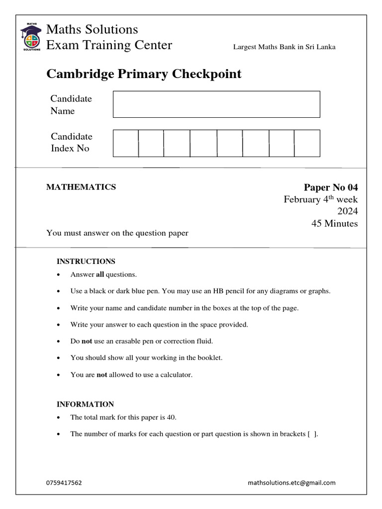 Paper No 04 Cambridge Primary Checkpoint | PDF | Area | Euclidean Geometry