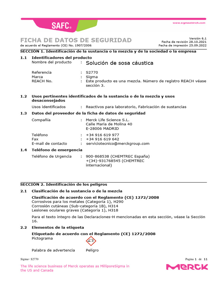 FICHA SEGURIDAD SOSA CAÚSTICA. NaOH | PDF | Quemar | Agua