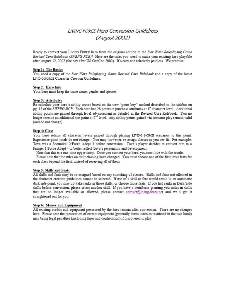 Star Wars Living Force - Campaign Notes - Character Conversion From ...