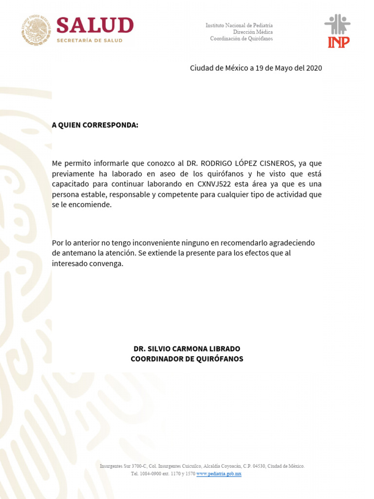 Carta Recomendacion Dr. Rodrigo Lopez Cisneros | PDF