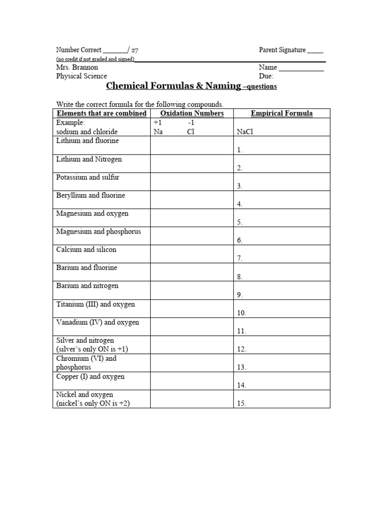Chemical Formulas and Naming - questions 2 | PDF | Chemical Compounds ...