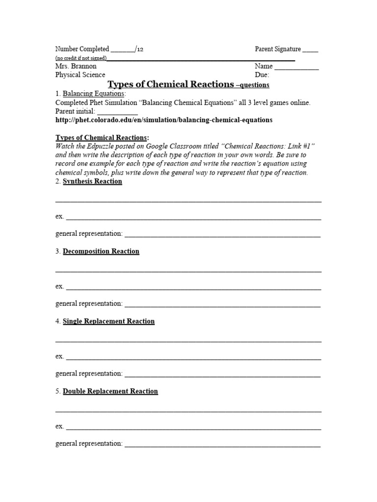 Types of Chemical Reactions - Questions | PDF | Chemical Reactions ...