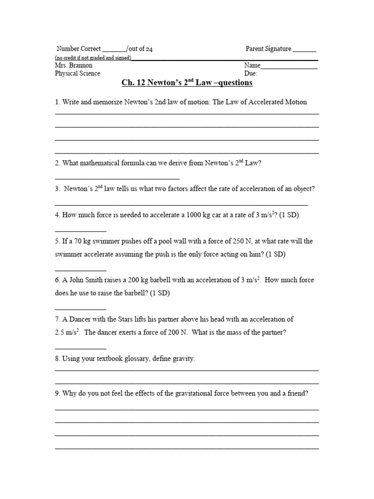 Newton's 2nd Law Worksheet | PDF | Force | Weight