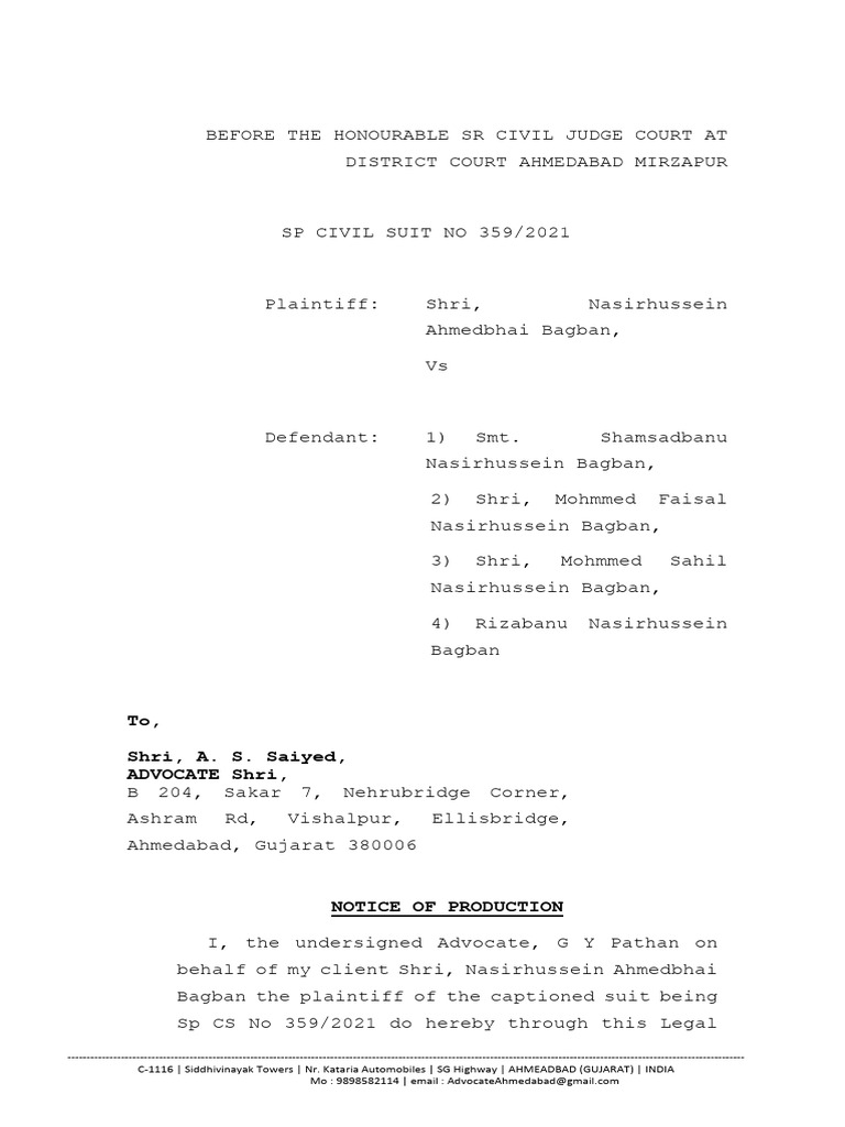 Notice of Production CS No 359-2021 Nasirhussein Baghban | PDF | Public ...