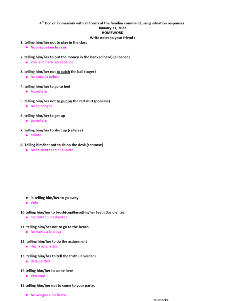 4TH Doc on homework with all forms of the familiar command (1) | PDF