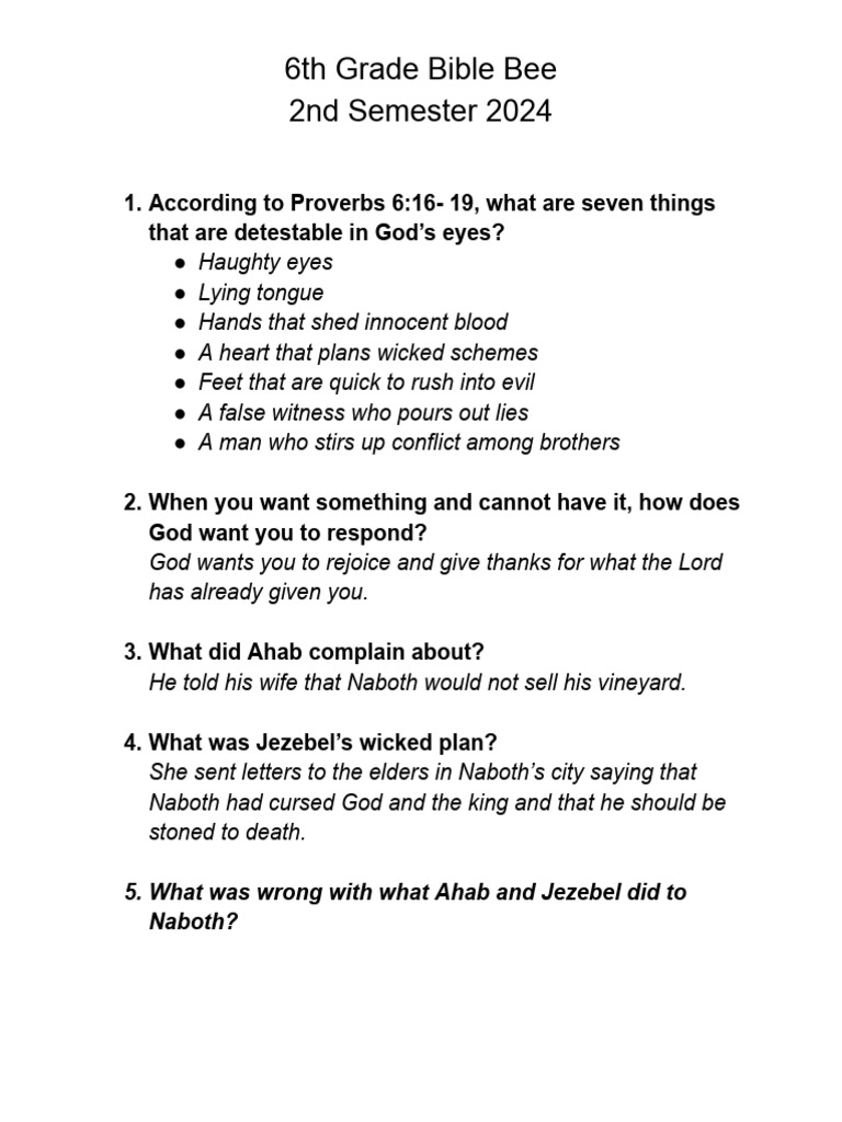 6th Grade Bible Bee 2nd Semester | PDF | Jesus | Satan