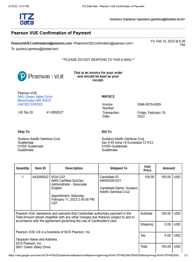 Itz Data Mail Pearson Vue Confirmation Of Payment Pdf Value Added Tax Invoice