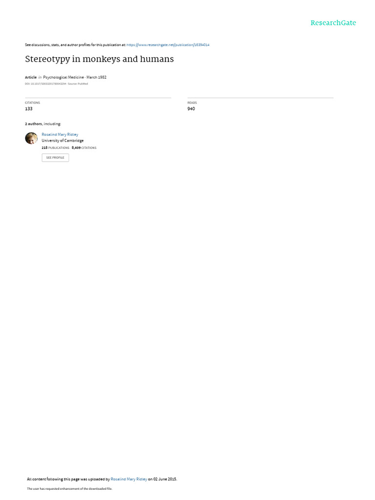 Stereotypy in Monkeys | PDF | Psychosis | Schizophrenia