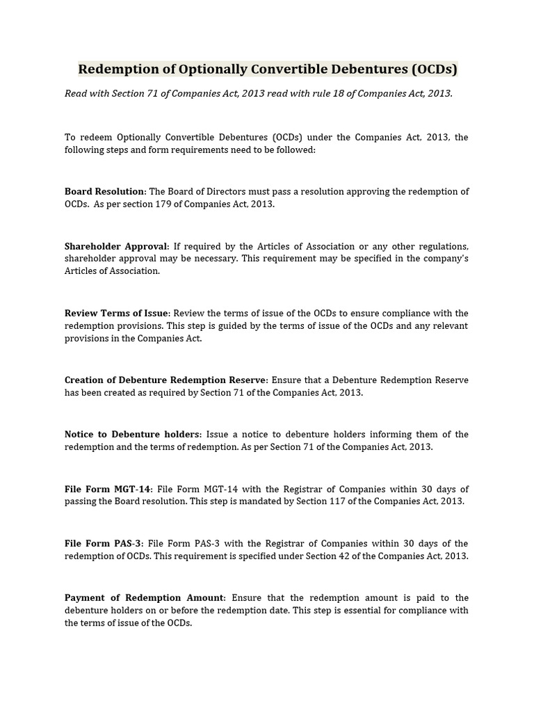 Redemption of Optionally Convertible Debentures (OCDs) | PDF | Finance ...