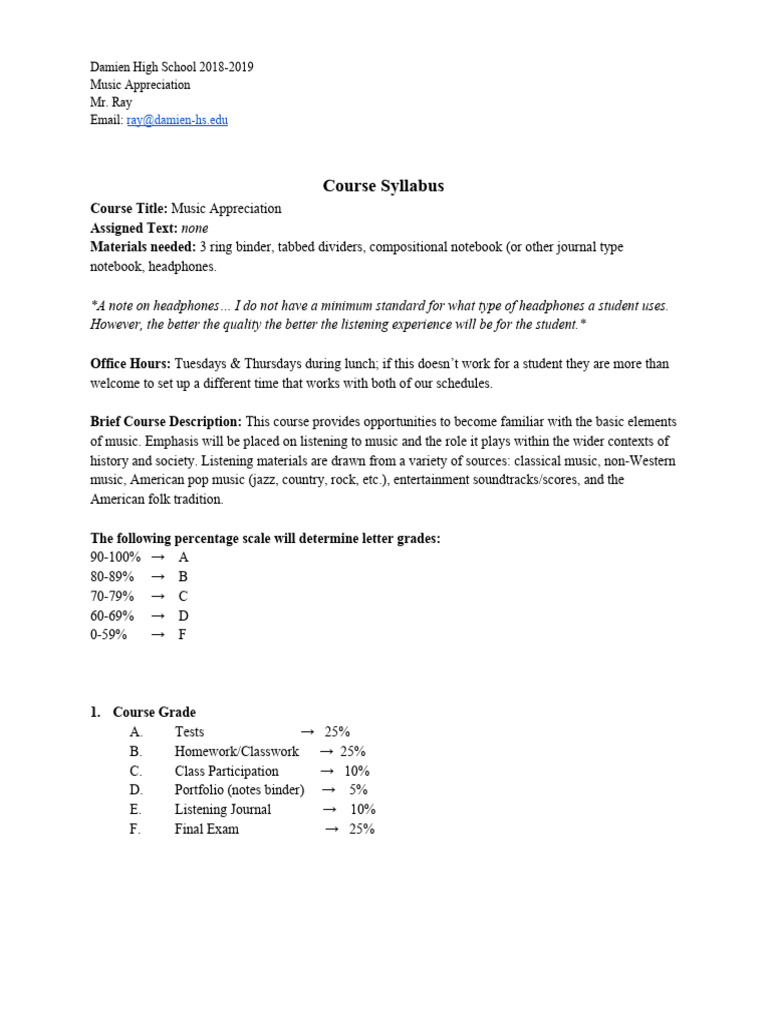 Music Appreciation Syllabus (Ray) | PDF | Multiple Choice