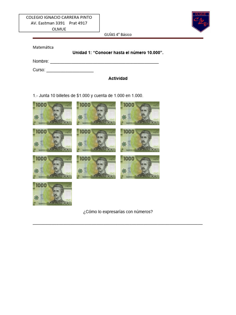 Guías de Matemática 4° Básico: Números hasta 10.000 | PDF | Moneda ...