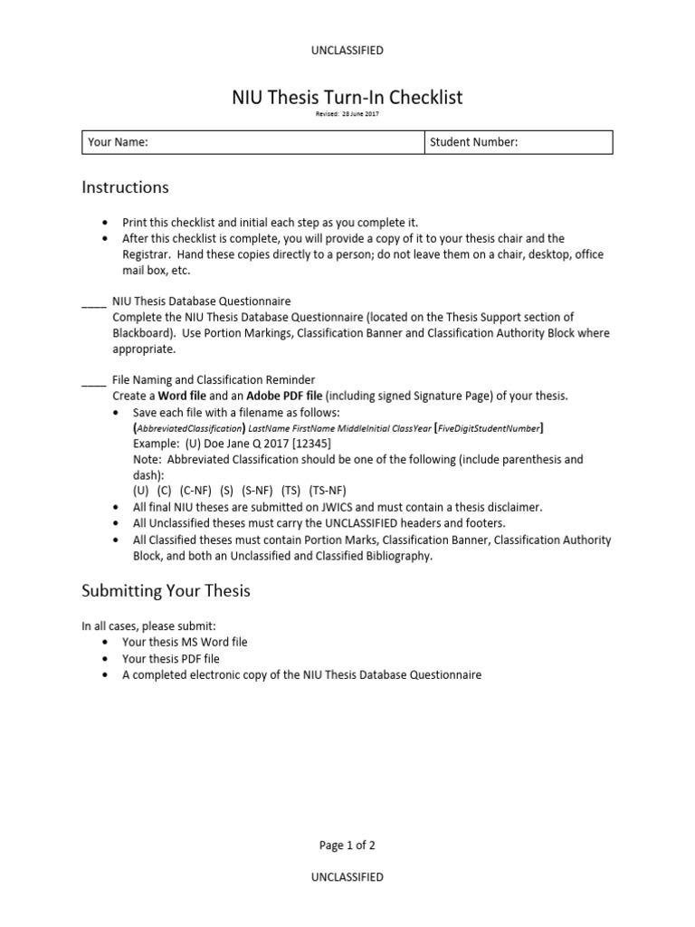 NIU Thesis Turn-In Checklist | PDF | Classified Information In The ...