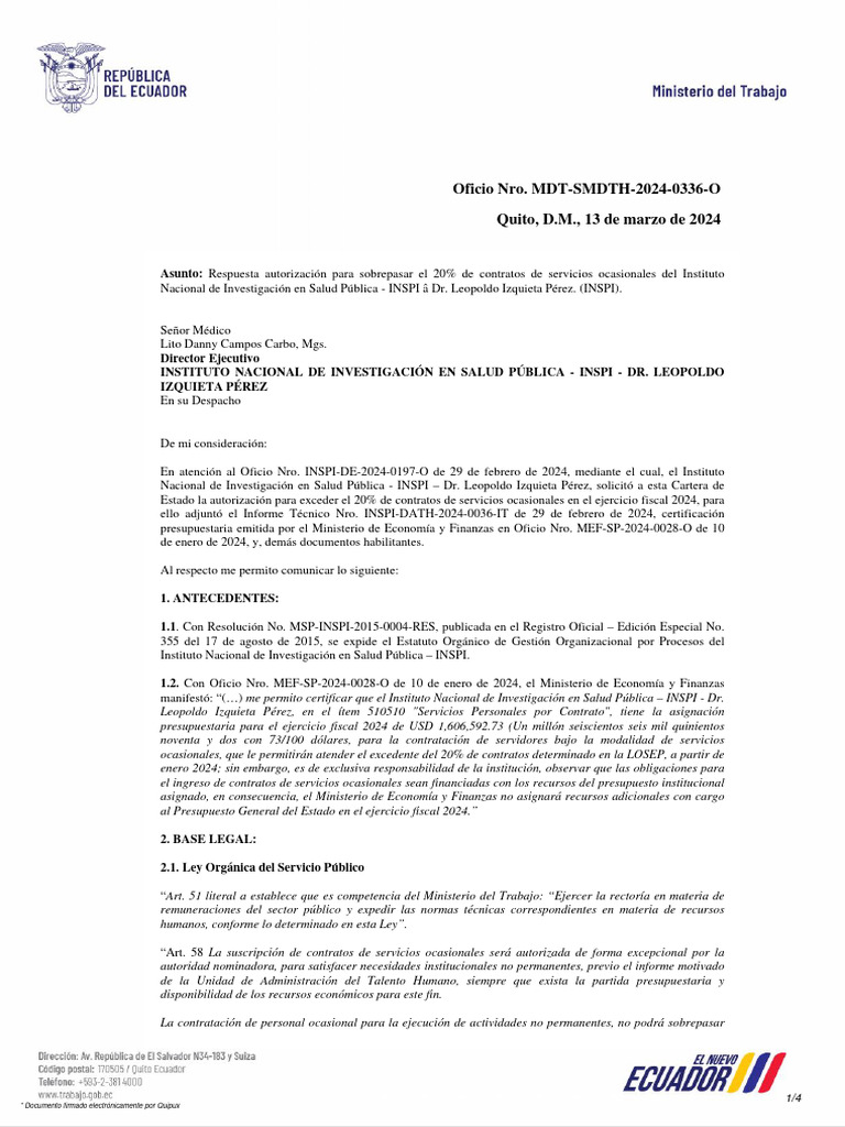 Oficio - Nro - Mdt-Smdth-2024-0336-O Respuesta Autorización para Sobrepasar El 20% de Contratos ...