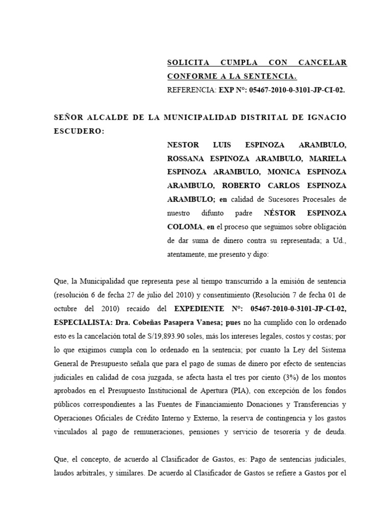 Solicitud de Cumplimiento de Sentencia | PDF | Sentencia (ley)