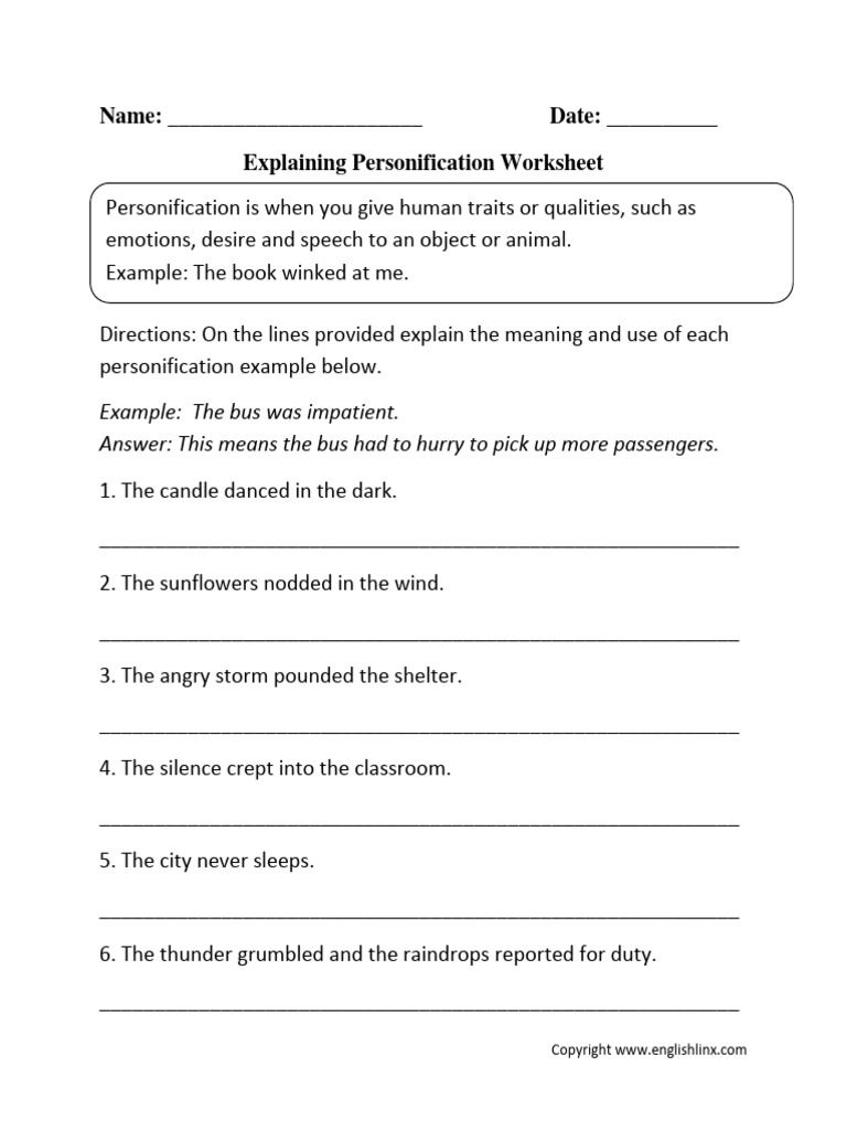 Explaining Personification Worksheet | PDF