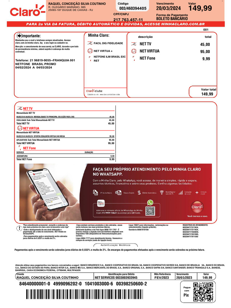 Fatura CLARO 85366726831 | PDF | Bancos | Serviços financeiros