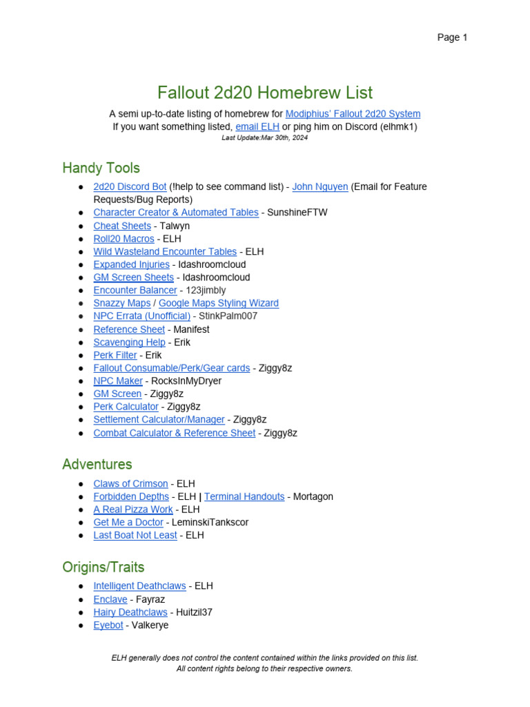 Fallout 2d20 Homebrew List | PDF | Role Playing Games | Role Playing ...