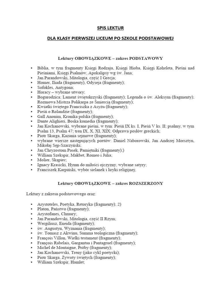 Spis Lektur Dla Klasy Pierwszej Liceum Po Szkole Podstawowej | PDF
