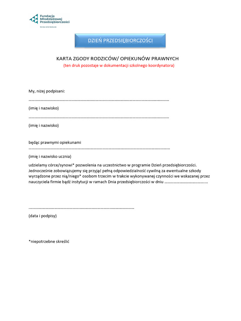 Karta Zgody Rodzicow Opiekunow Prawnych Na Udzial W Programie | PDF Karta Zgody Rodzicow Opiekunow Prawnych Na Udzial W Programie | PDF