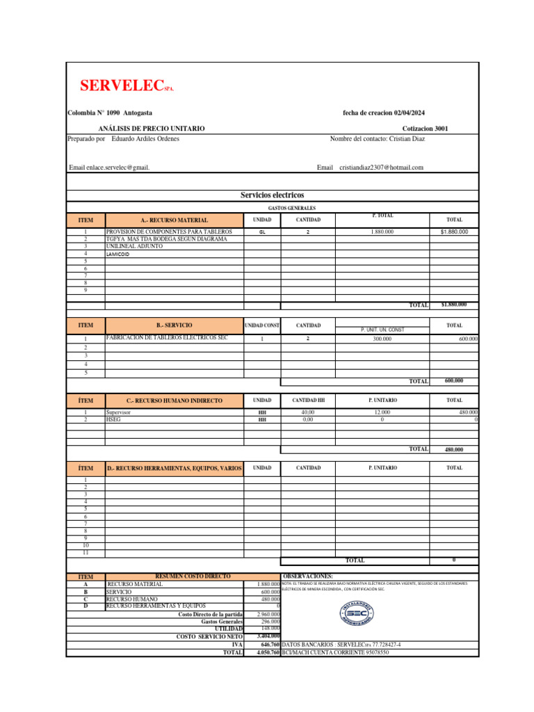 Servelec. Cotización Tableros | PDF