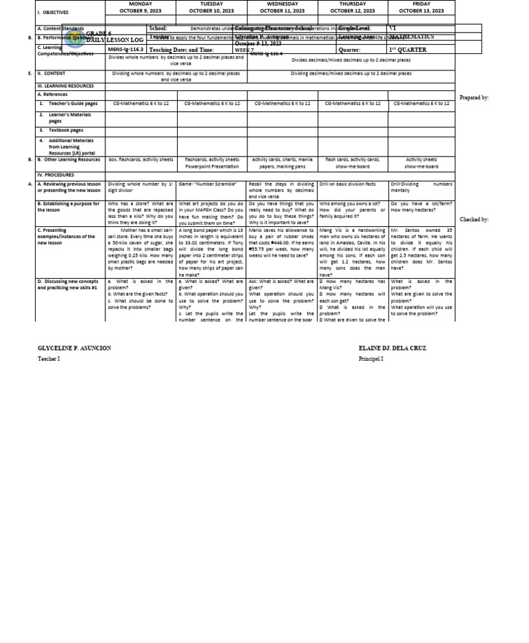 DLL_Math 6 Q1 W7 DLL | PDF | Flashcard | Behavior Modification