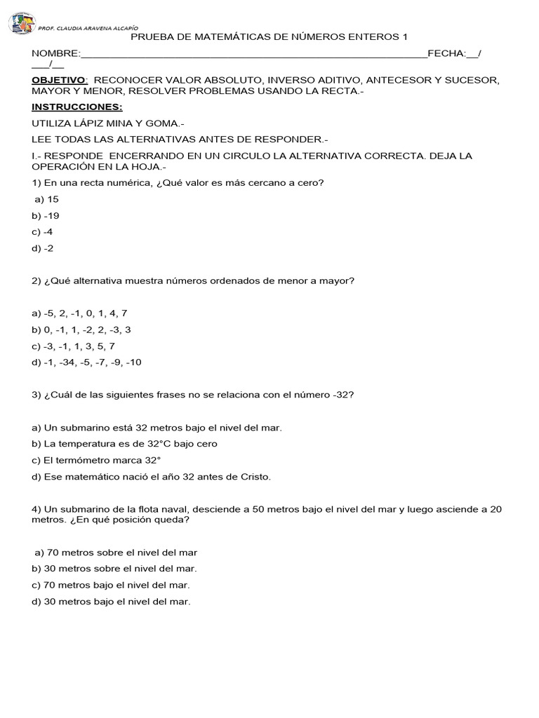 Prueba de Matemã - Ticas de Nã - Meros Enteros 1 | PDF | Entero | Conceptos matemáticos