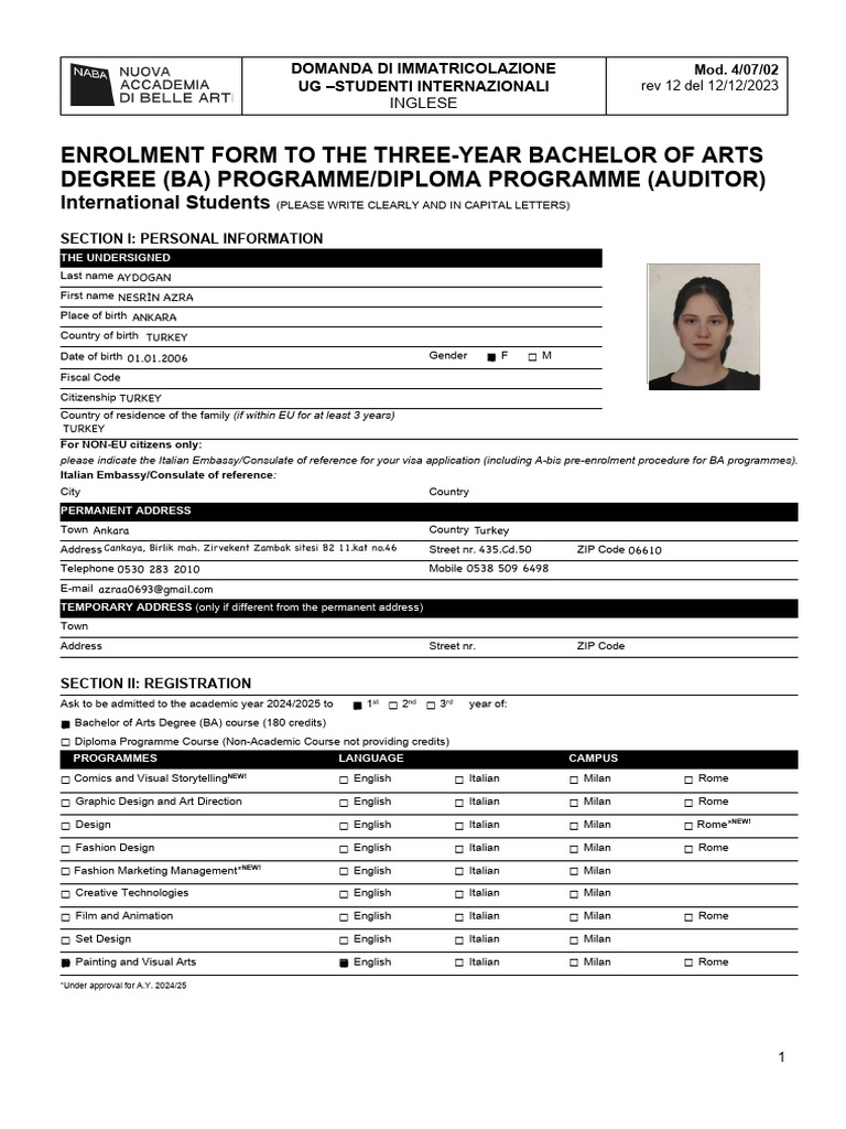 International Student Enrollment Form | PDF | Diploma | Payments