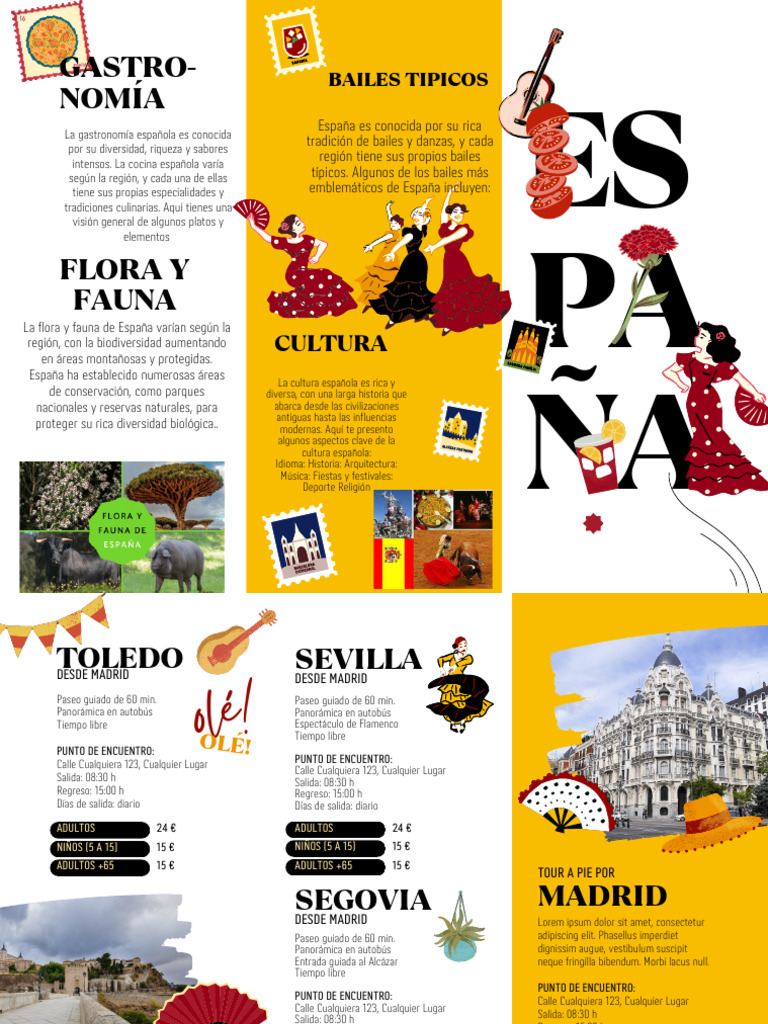 Folleto Tríptico Viaje Turismo España Ilustrado Amarillo Blanco | Descargar gratis PDF | España