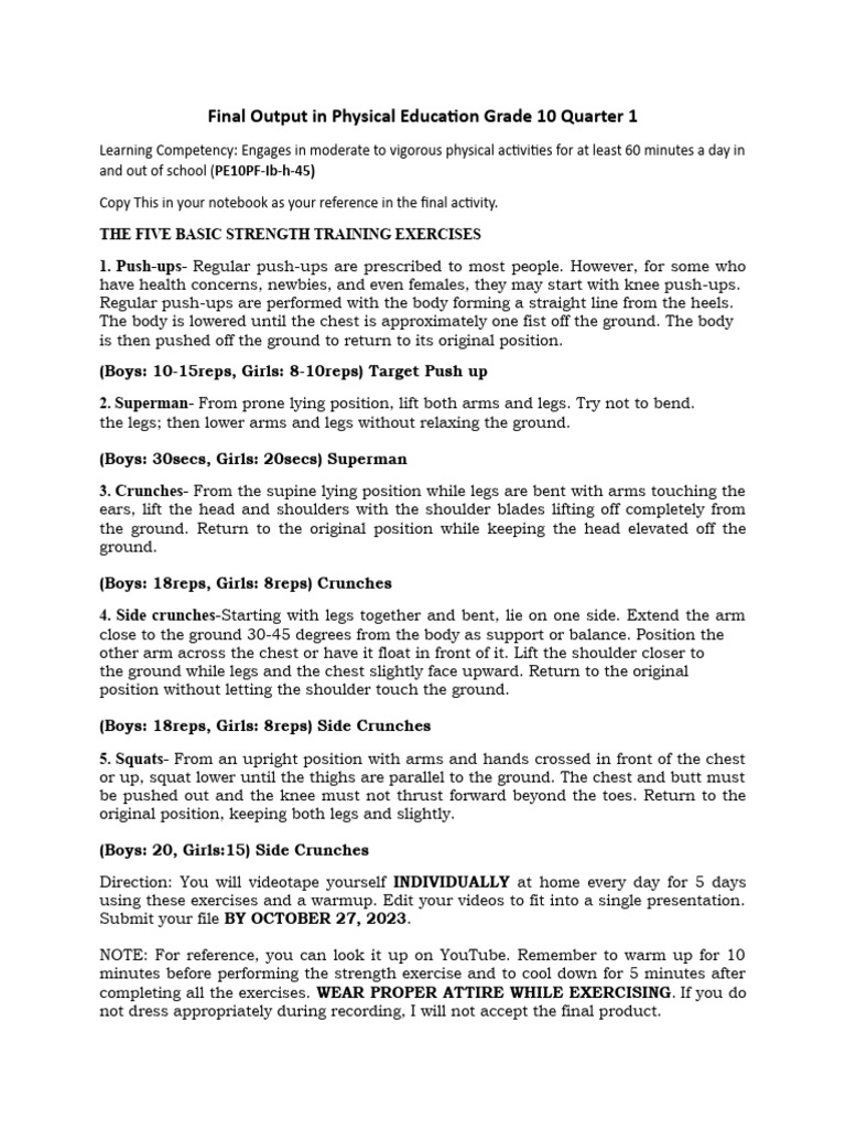Grade 10 PE Strength Training Guide | PDF | Physical Fitness | Physical ...