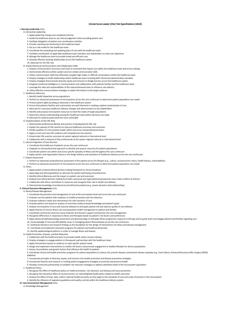 CNL Exam Content Outline | PDF | Health Care | Policy