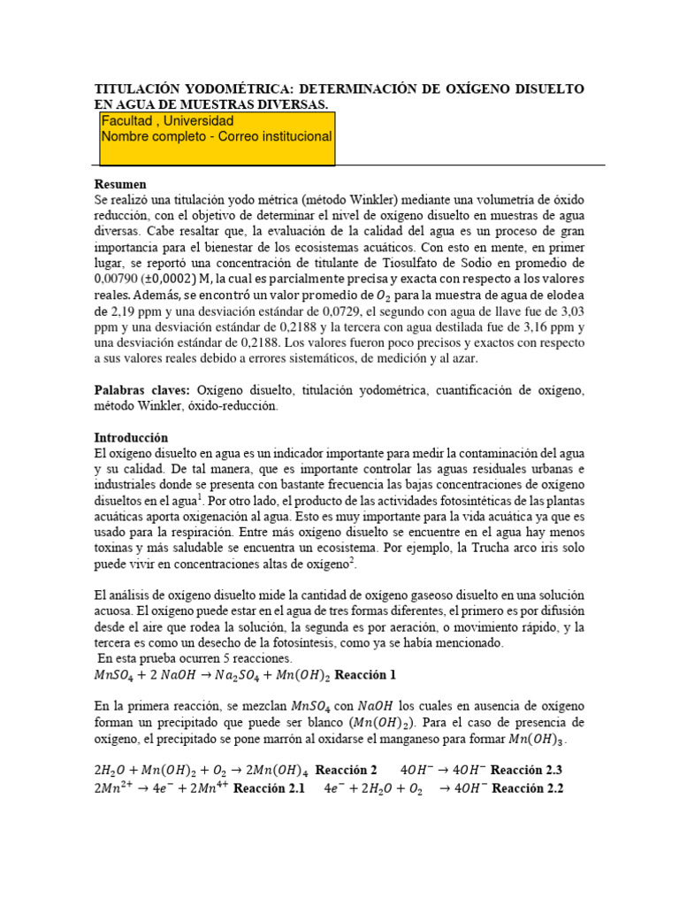 Ejemplo Informe De Laboratorio Pdf Redox Agua