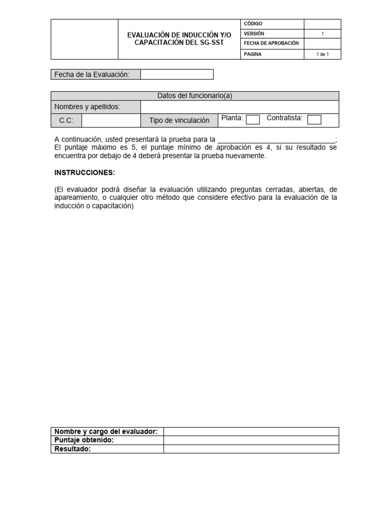 Formato Evaluacion Induccion SST | PDF