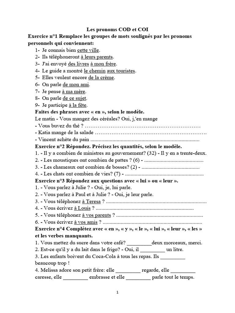 Pronoms COD et COI en 9ème année | PDF | Jeux et activités | Arts du ...