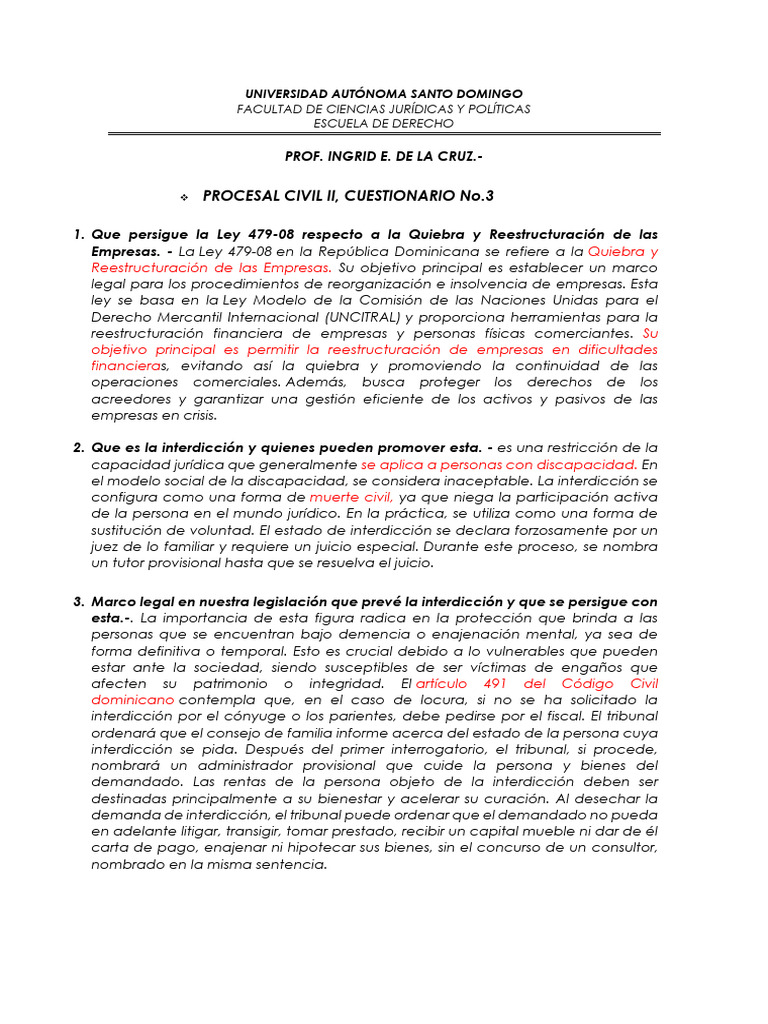 2024 CUESTIONARIO No.3 PROCESAL CIVIL II | PDF | Divorcio | Bancarrota