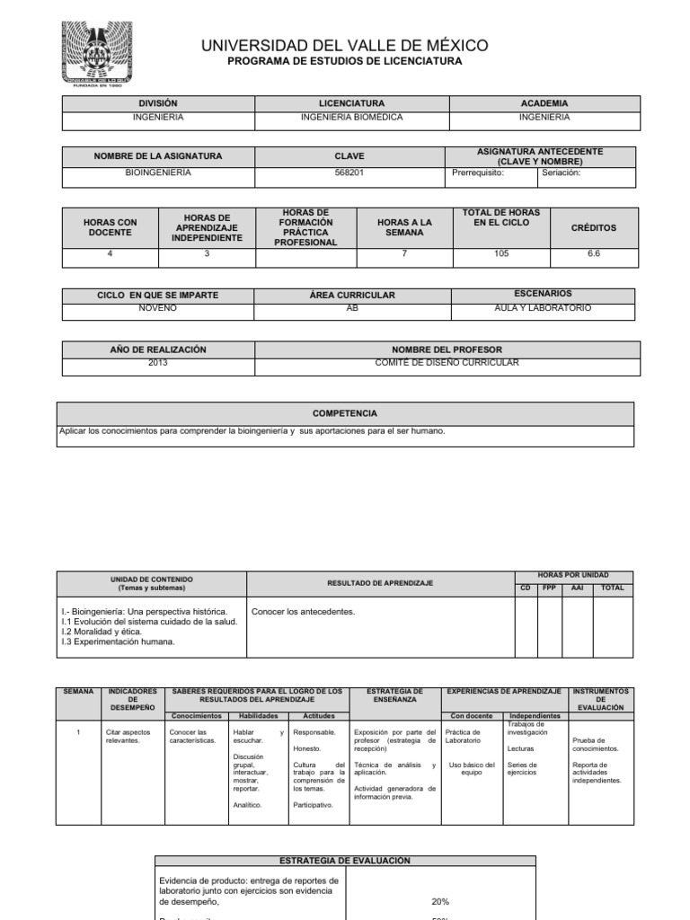 Programa de Bioingeniería UVM | PDF | Maestros | Evaluación