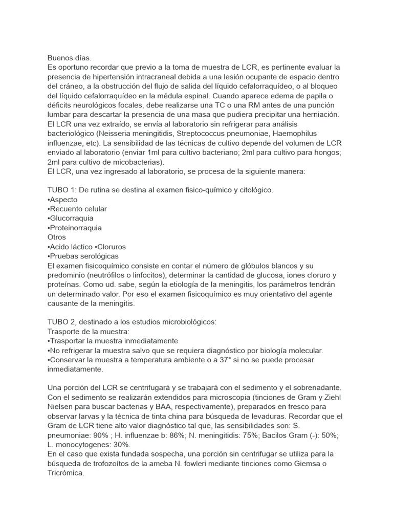 LCR | PDF | Meningitis | Fluido cerebroespinal