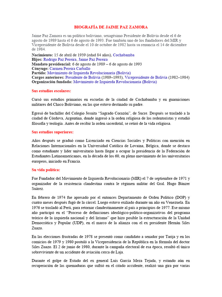 BIOGRAFÍA DE JAIME PAZ ZAMORA | PDF