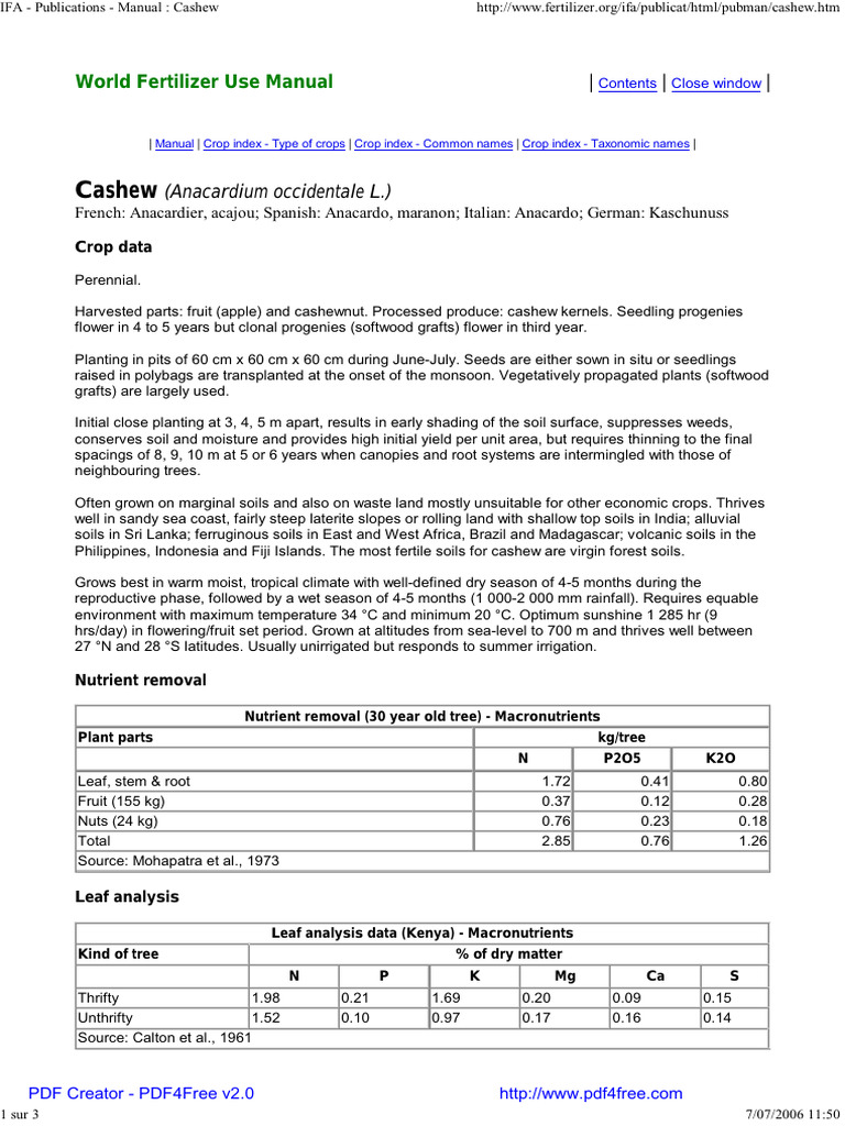 World Fertilizer Use Manual Cashew (Anacardium Occidentale L.) | PDF ...