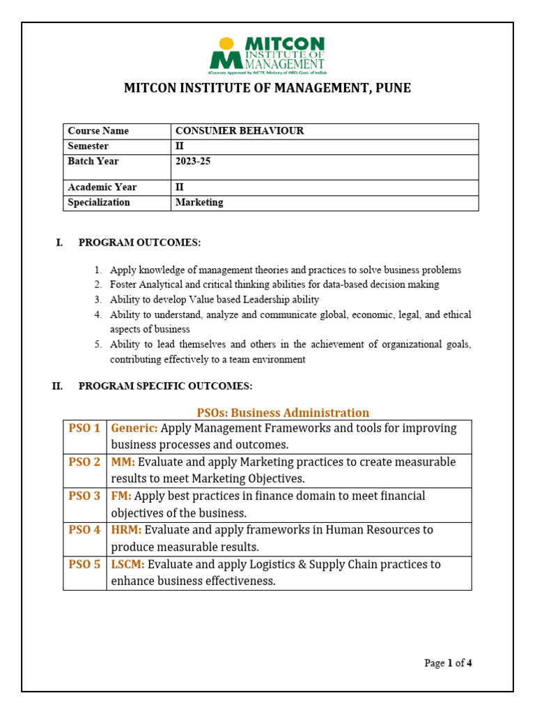 Course Outline CBB by Prof. Deepa Rele | PDF | Marketing | Behavior