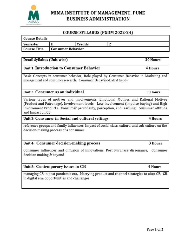 Syllabus-Consumer Behaviour | PDF | Consumer Behaviour | Behavior