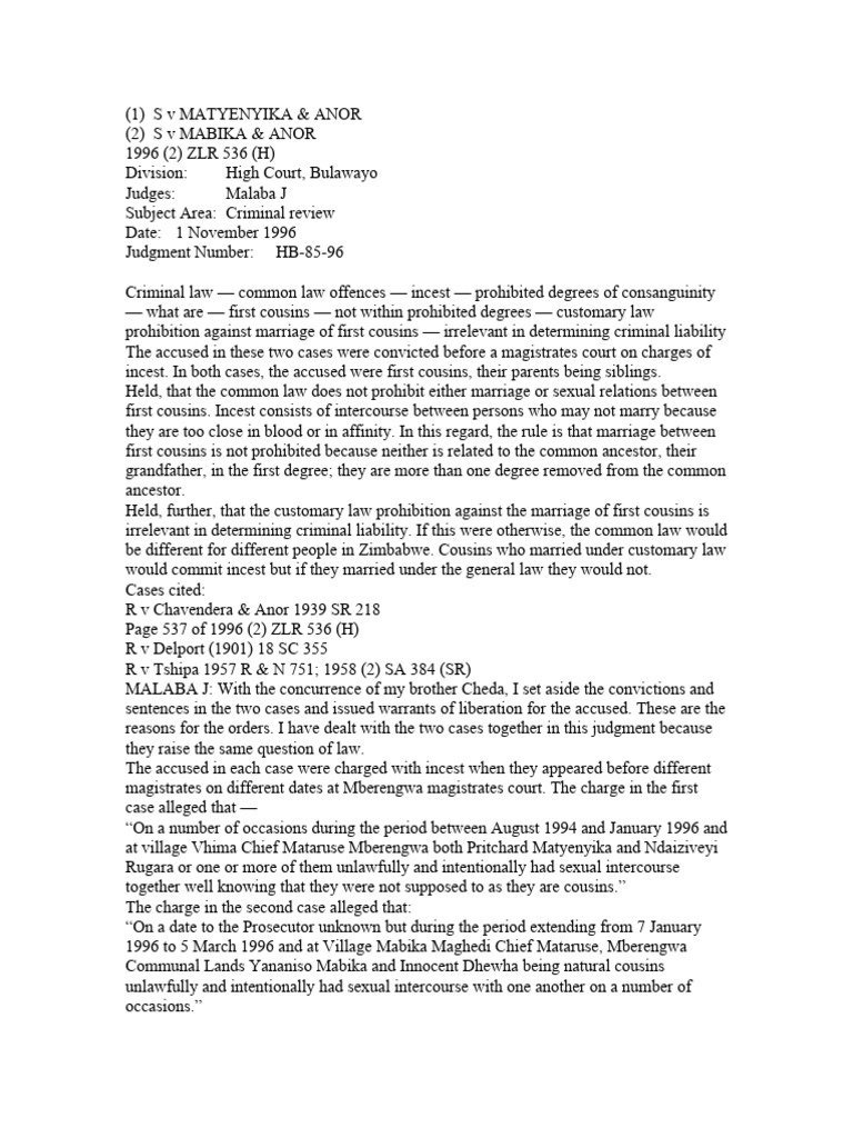 1) S V MATYENYIKA & ANOR | PDF | Incest | Justice