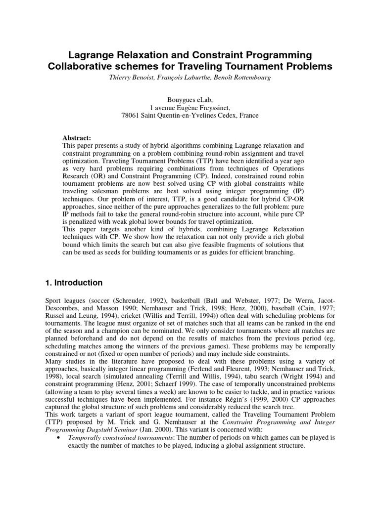Lagrange Relaxation and Constraint Programming Collaborative Schemes For Traveling Tournament ...