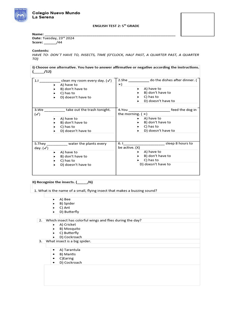 English Test 5th Grade 2nd | PDF | Insects | Insects And Humans