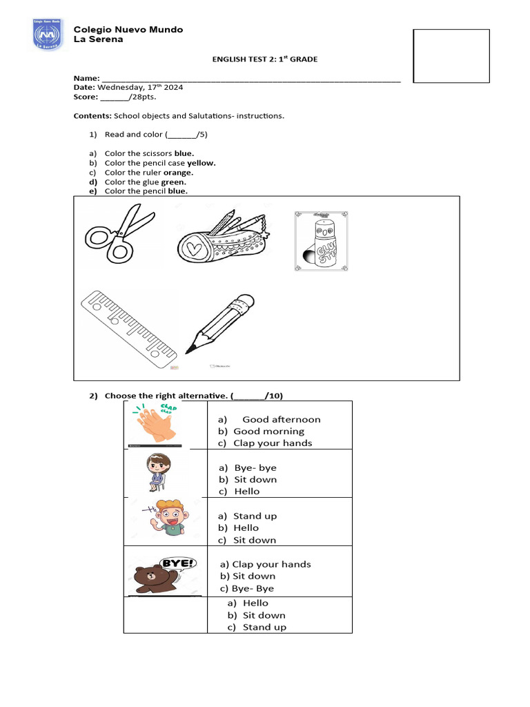 English Test 1st Grade-2 | PDF | Foreign Language Studies