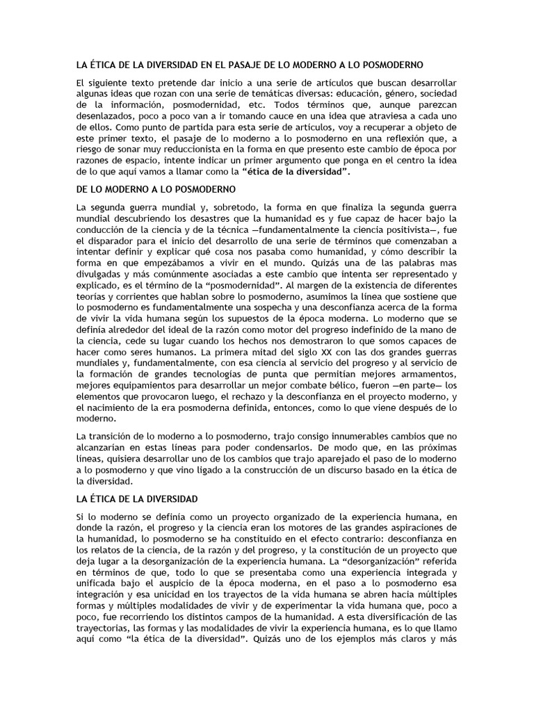 La Ética de La Diversidad en El Pasaje de Lo Moderno A Lo Posmoderno ...